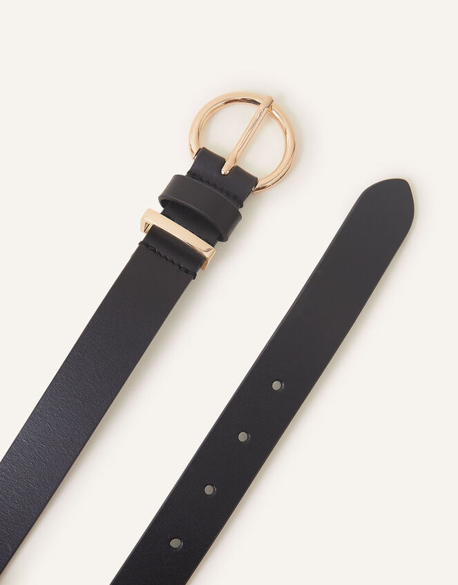 Round Buckle Leather Jeans Belt Black