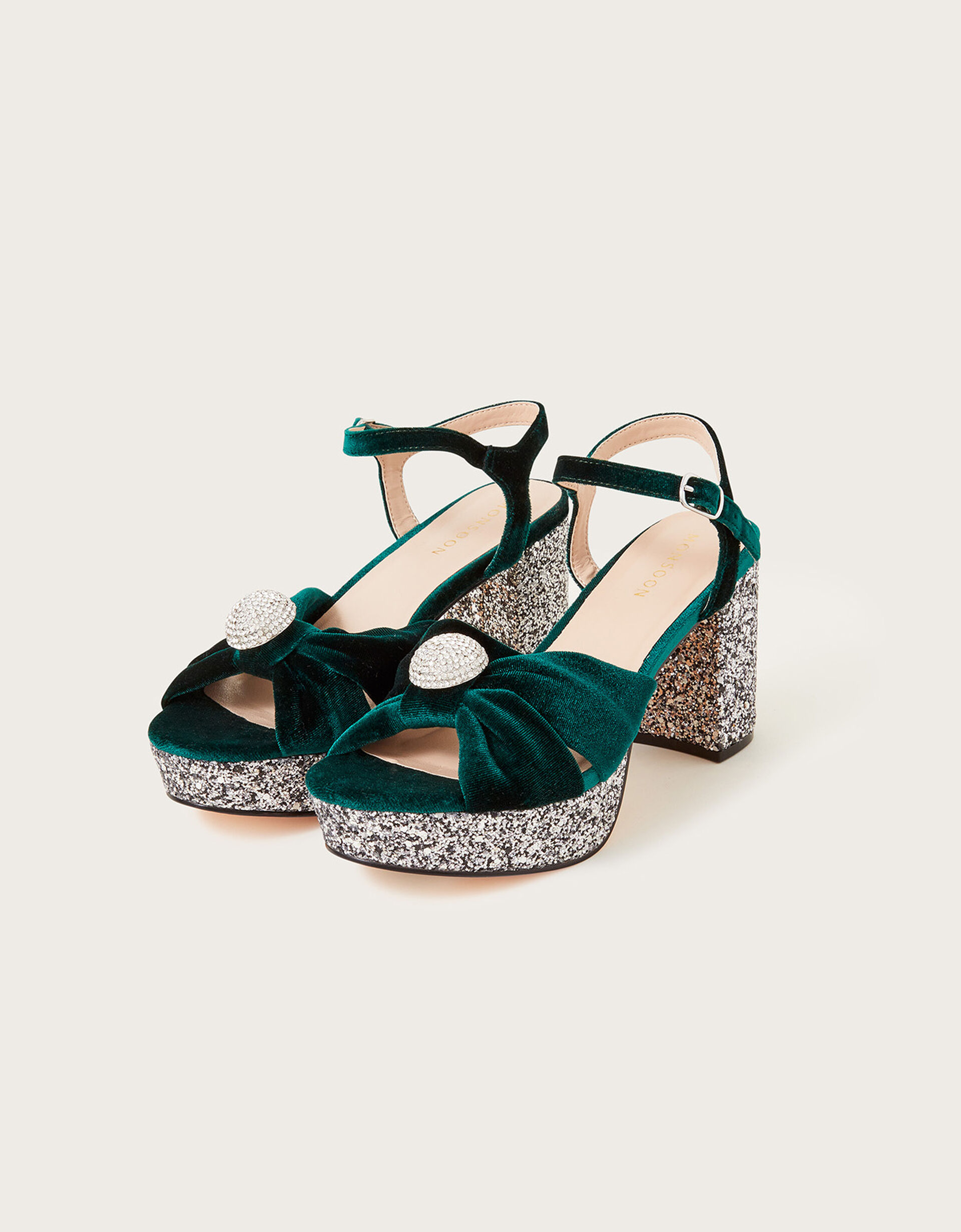Velvet Glitter Platform Sandals Green