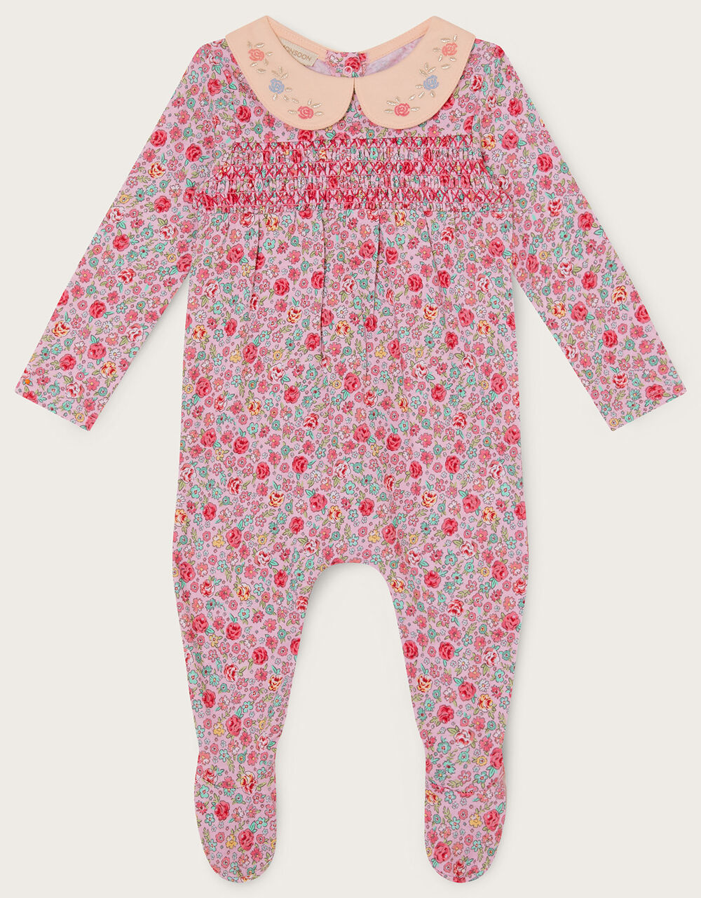 Newborn Shirred Ditsy Smocked Sleepsuit Pink