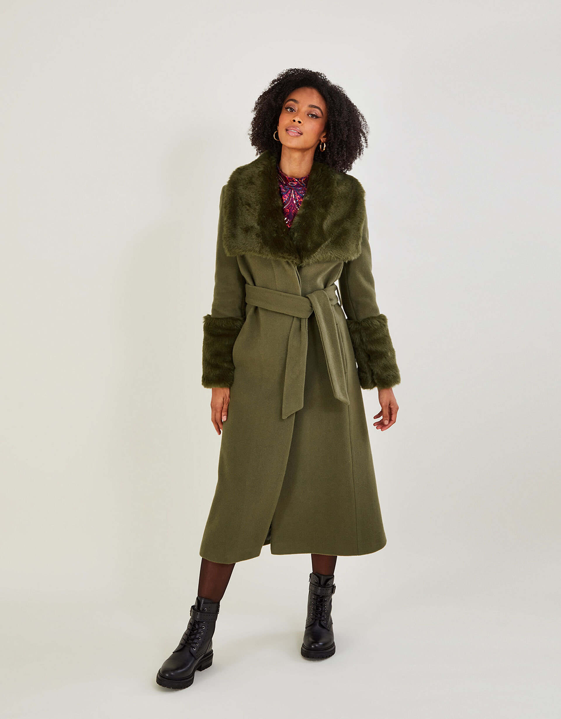 Sadie Faux Fur Trim Wrap Coat Green | Women's Coats | Monsoon UK.