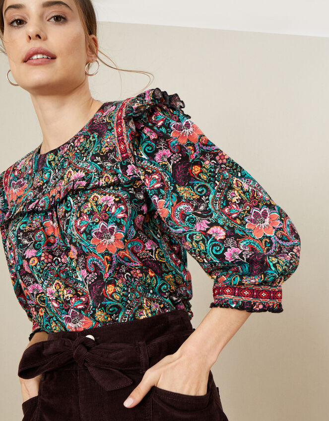 Embroidered Patch Print Top Black