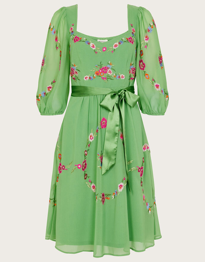 Emelia Floral Embroidered Dress in Recycled Polyester Green