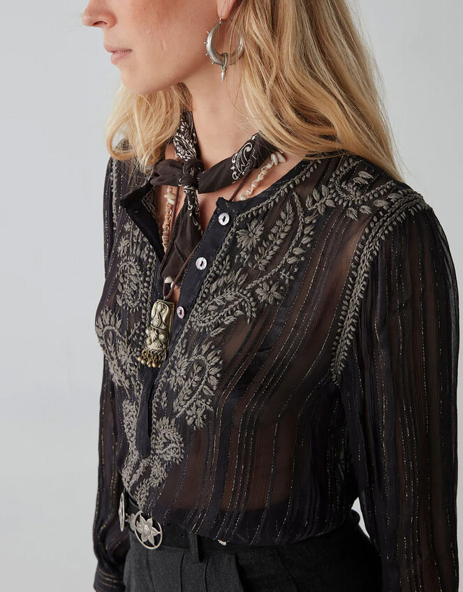 Kate Metallic Embroidered Blouse Black
