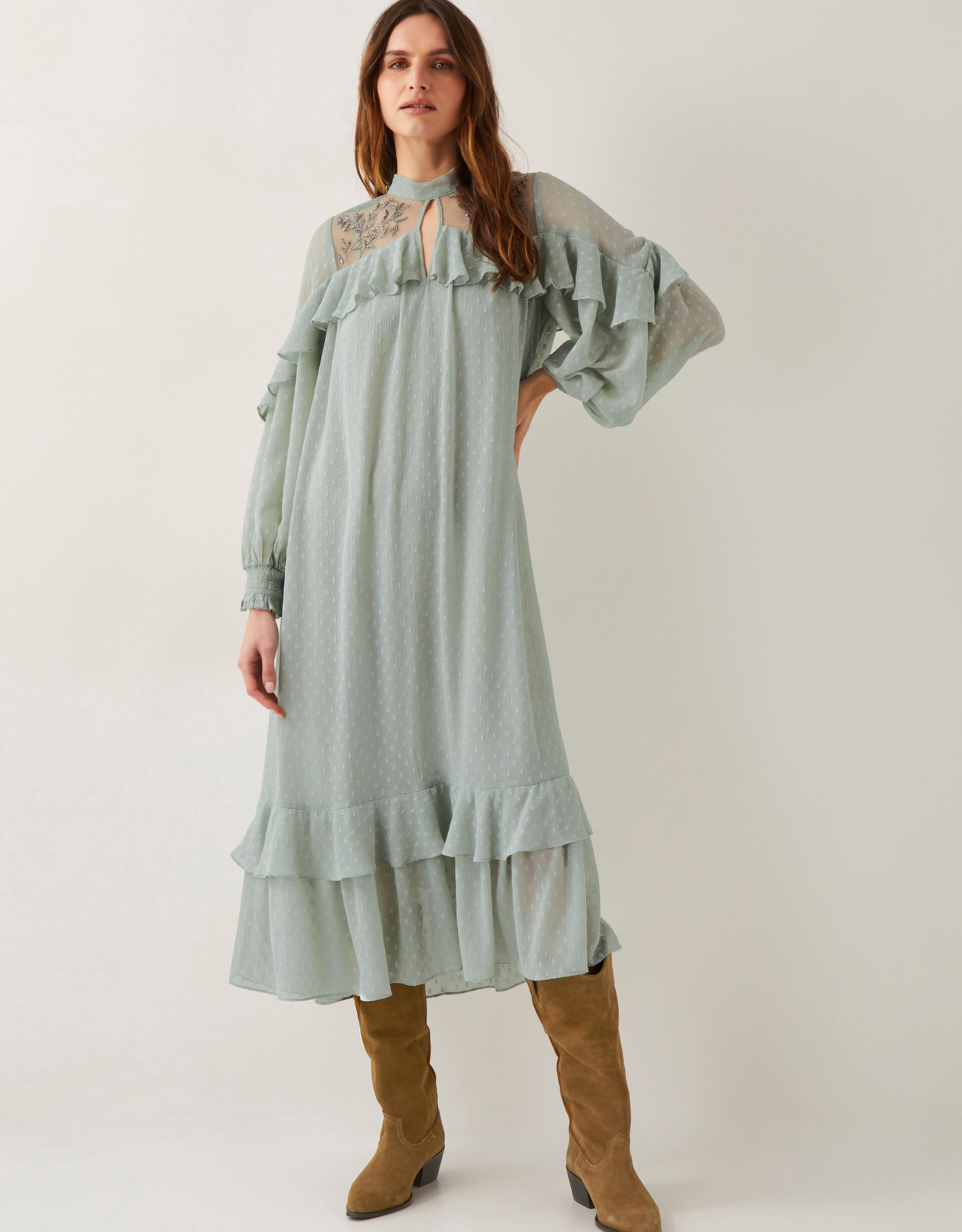 Debbie Polka Dot Ruffle Maxi Dress Green | Evening Dresses | Monsoon UK.