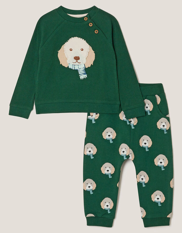 Baby Digby Dog Jumper & Joggers Set Green | Baby Boy Outfits | Monsoon UK.