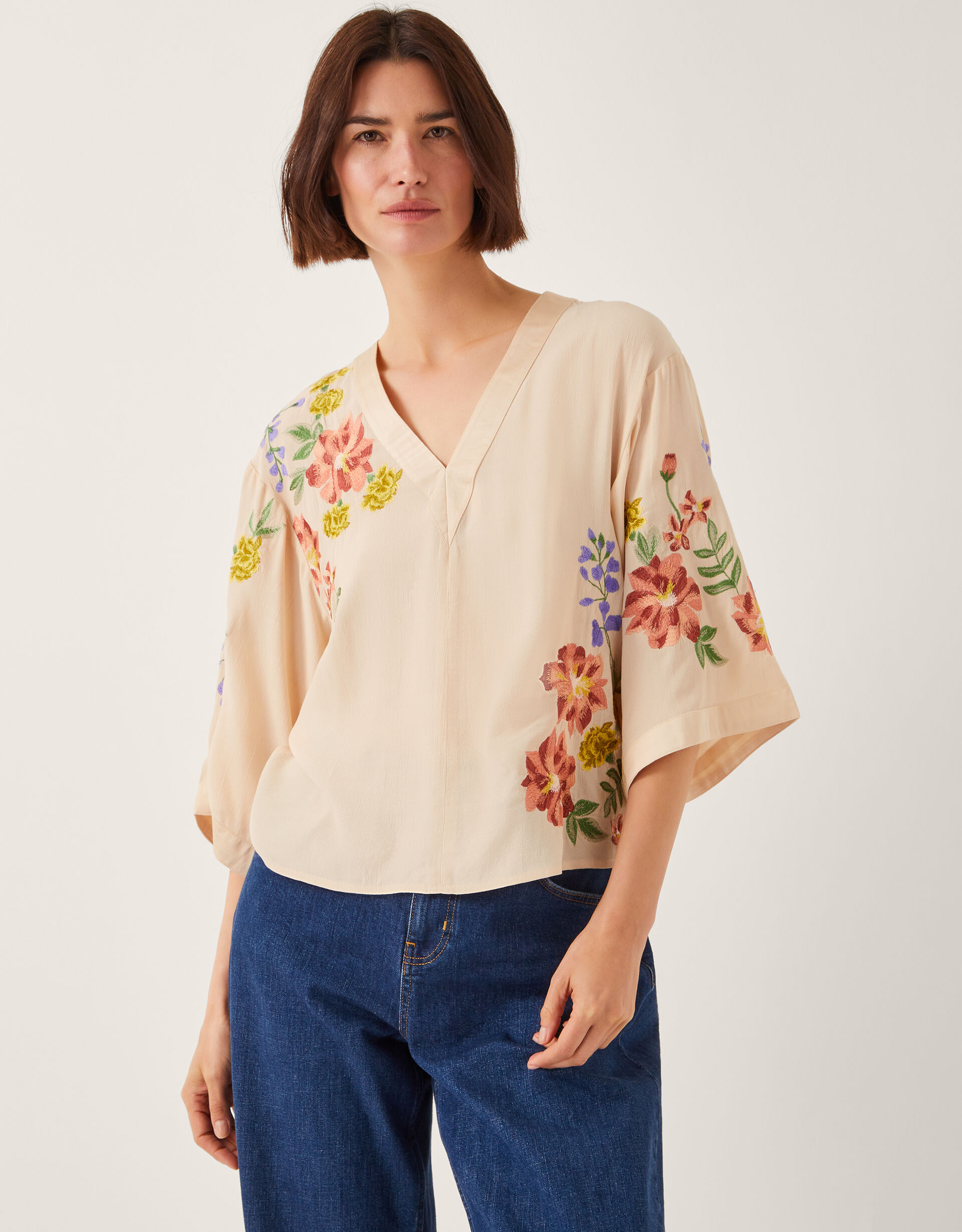 Sylvia Floral Embroidered V-Neck Top | Tops & T-shirts | Monsoon UK.