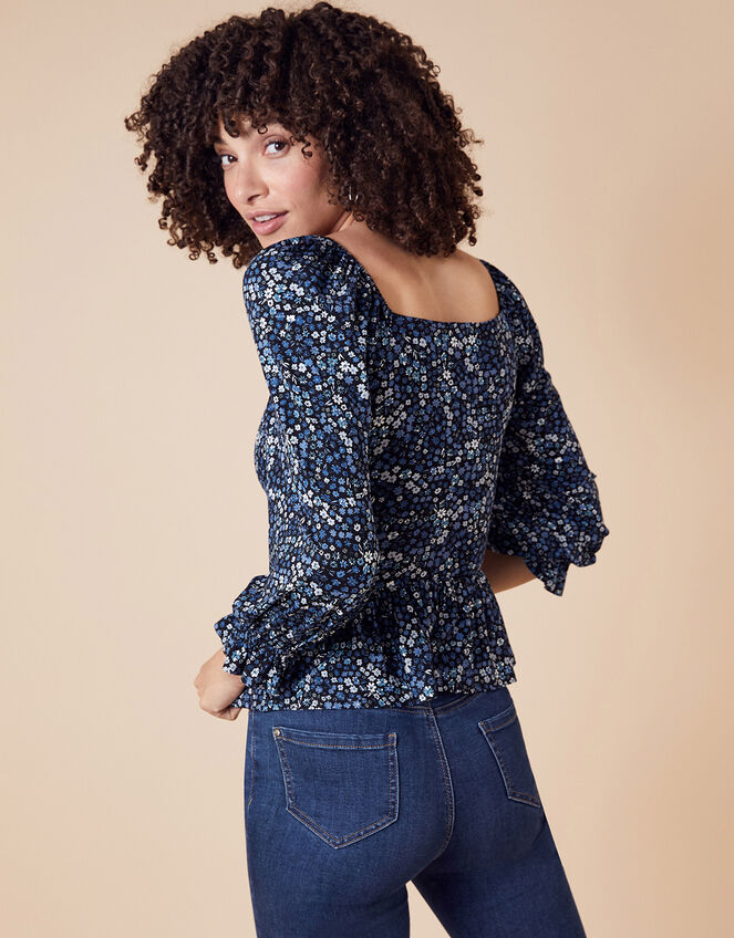 Davean Ditsy Floral Shirred Jersey Top Blue | Blouses & Shirts ...