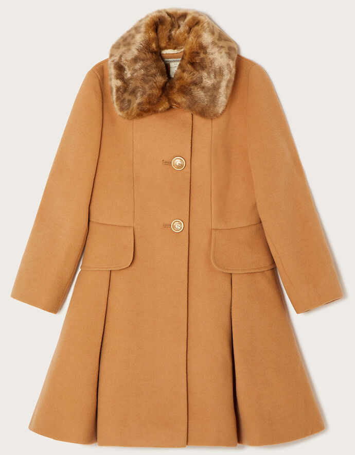 Bustle Back Bow Coat with Faux Fur Collar Camel