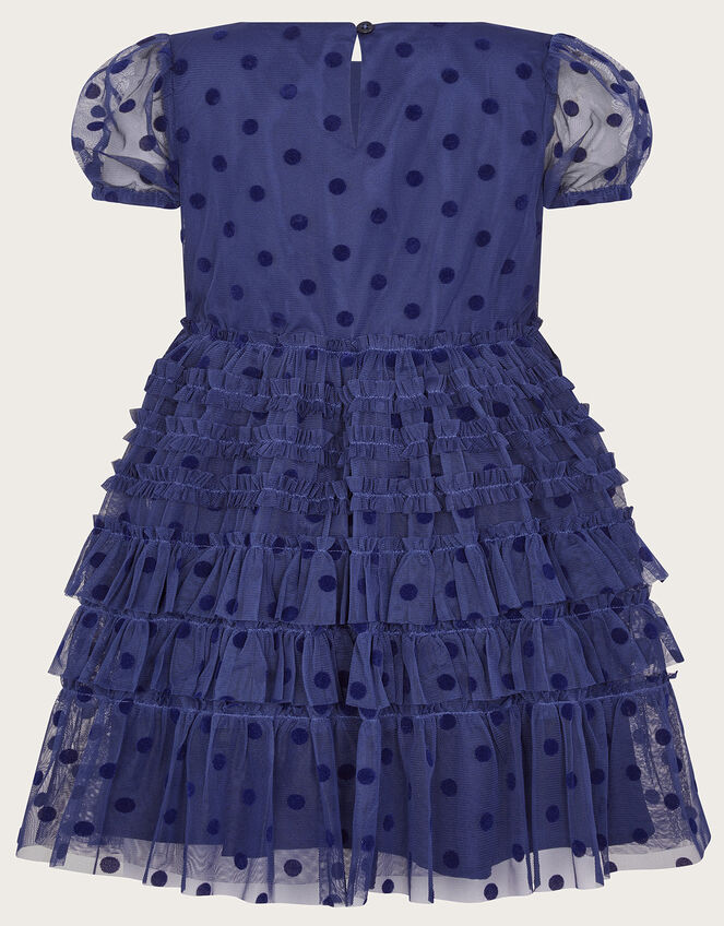 Spot Flock Mesh Tier Dress Blue | Girls' Dresses | Monsoon UK.