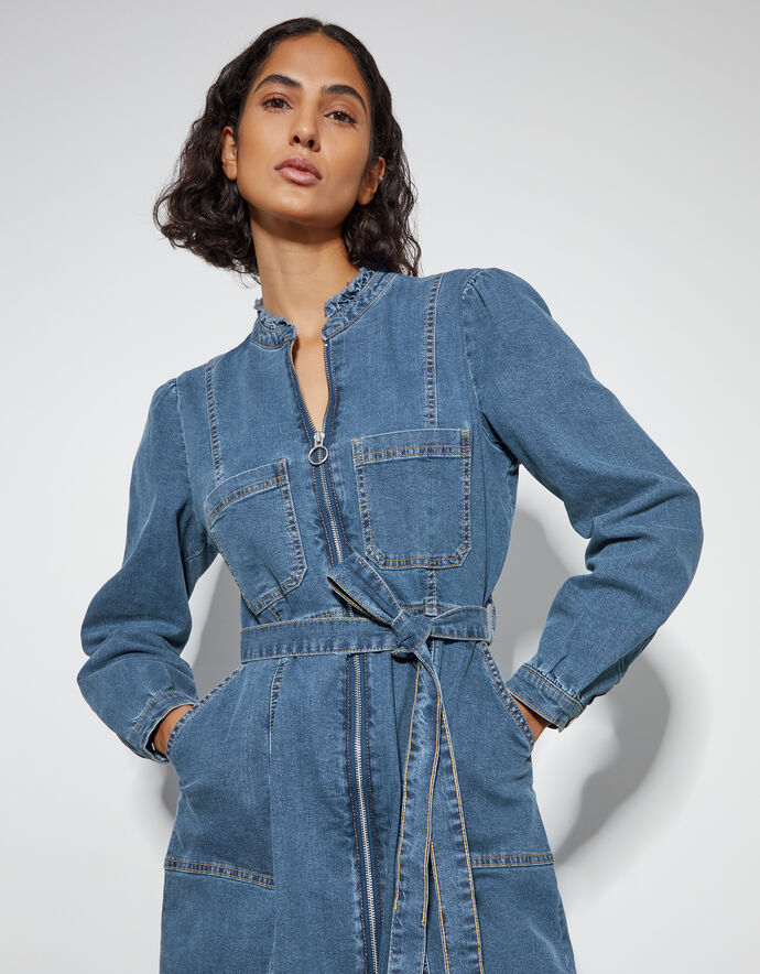 Izzy Long Sleeve Denim Zip Midi Dress Blue