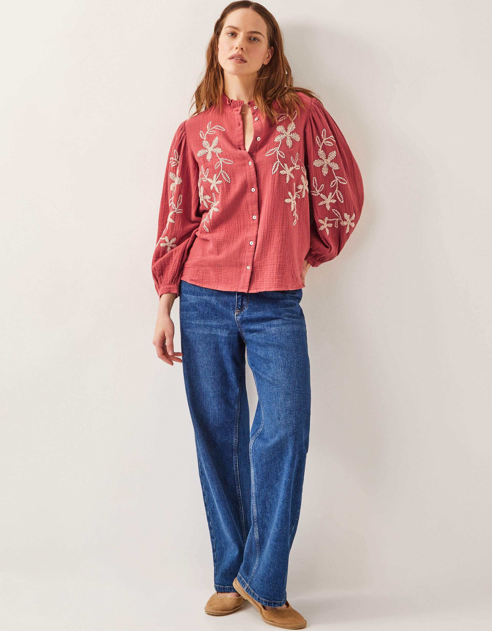 Bridget Embroidered Cotton Blouse Red | Tops & T-shirts | Monsoon UK.