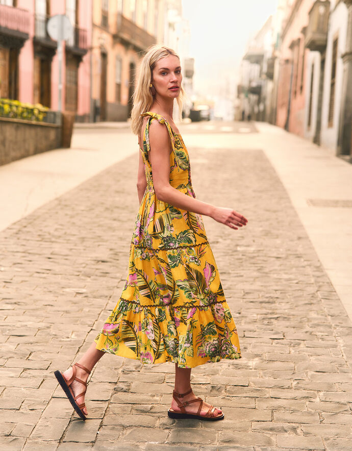 Botanical Print Tiered Sundress Yellow