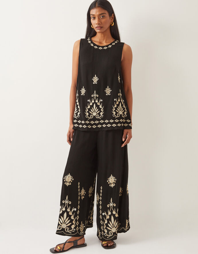 Saffron Embroidered Wide Leg Trousers Black | Trousers & Leggings ...