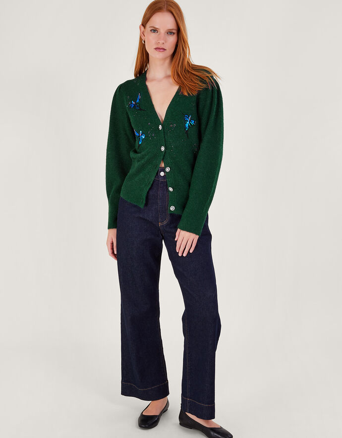Beau Bird Embellished Cardigan Green