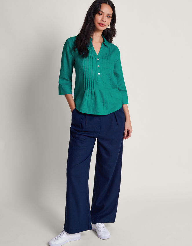 Elsie Pintuck Linen Blouse Teal | Tops & T-shirts | Monsoon UK.