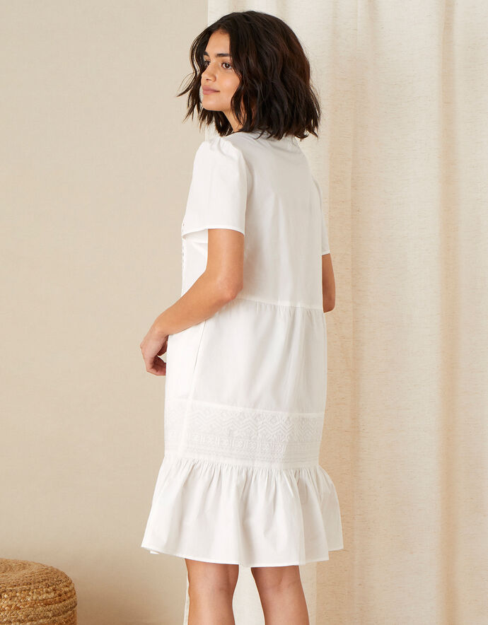 Embroidered Frill Hem Dress Ivory