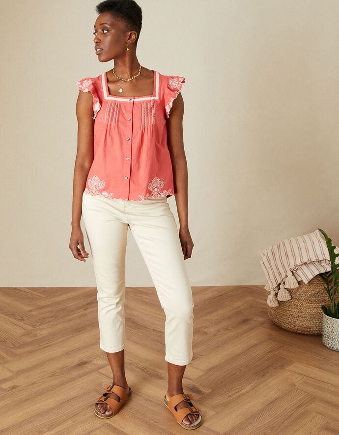 Coralie Frill Sleeve Button Through Tank Top Orange