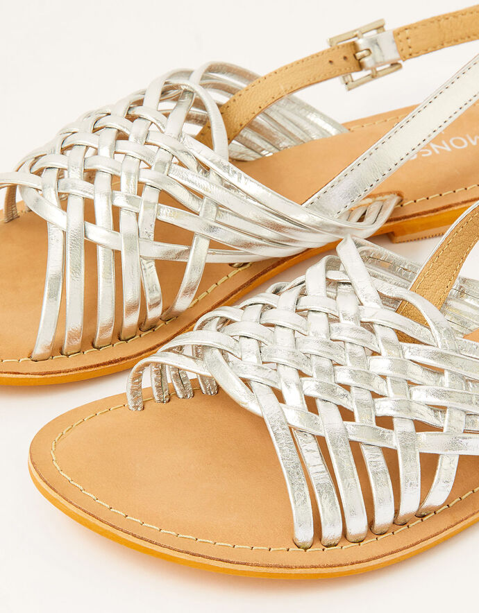 Metallic Weave Leather Sandals Silver