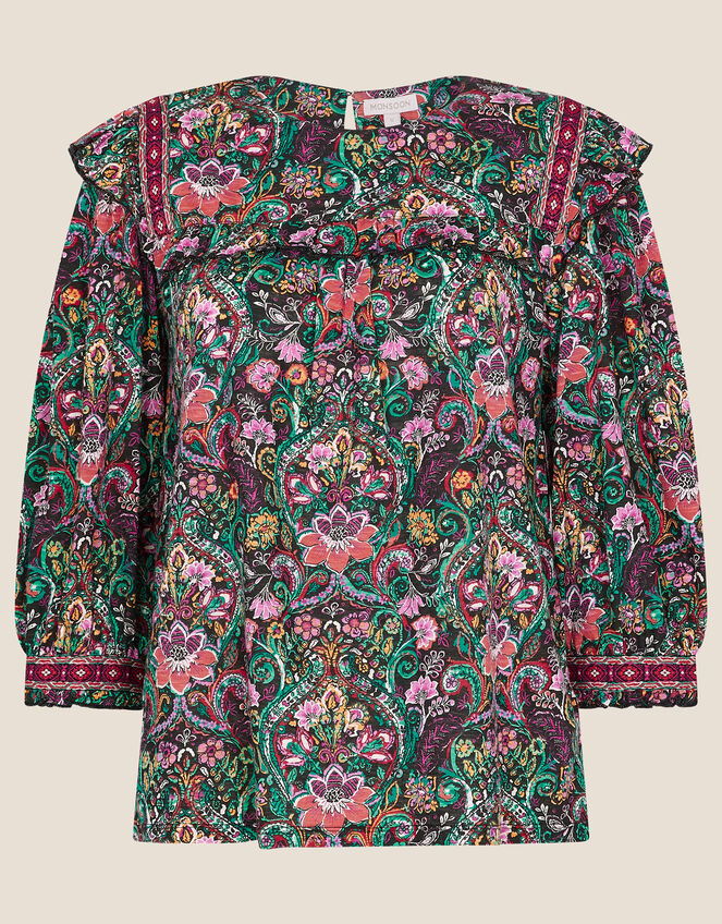 Embroidered Patch Print Top Black