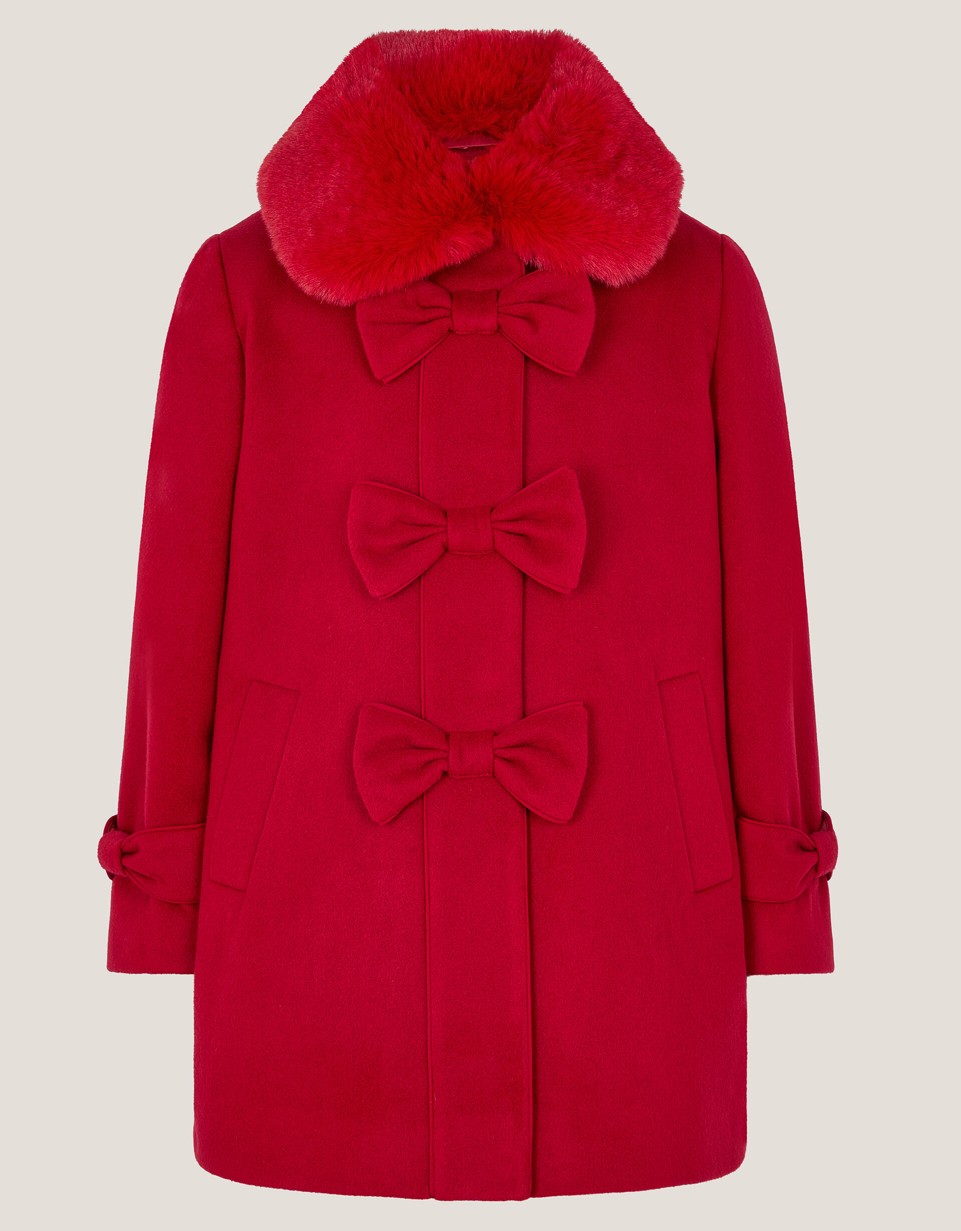 Faux Fur Collar Bow Coat Red