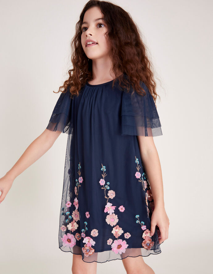 Floral Embellished Mesh Dress Blue | Girls' Dresses | Monsoon UK.