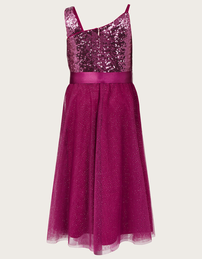 Sequin One-Shoulder Dress Raspberry | Girls' Dresses | Monsoon UK.