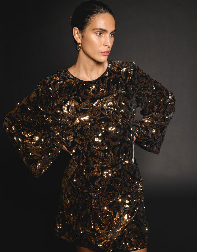 Anna Flute Sleeve Sequin Velvet Mini Dress Black | Evening Dresses ...