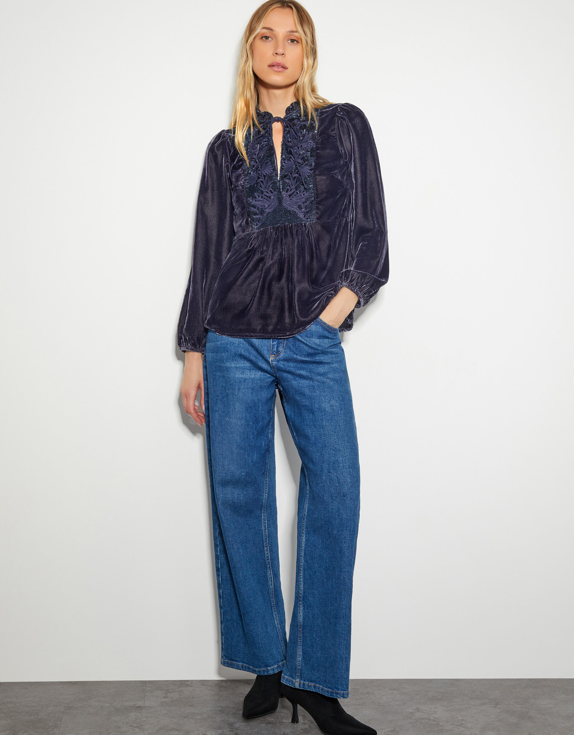 Lisa Velvet Embellished Top Grey