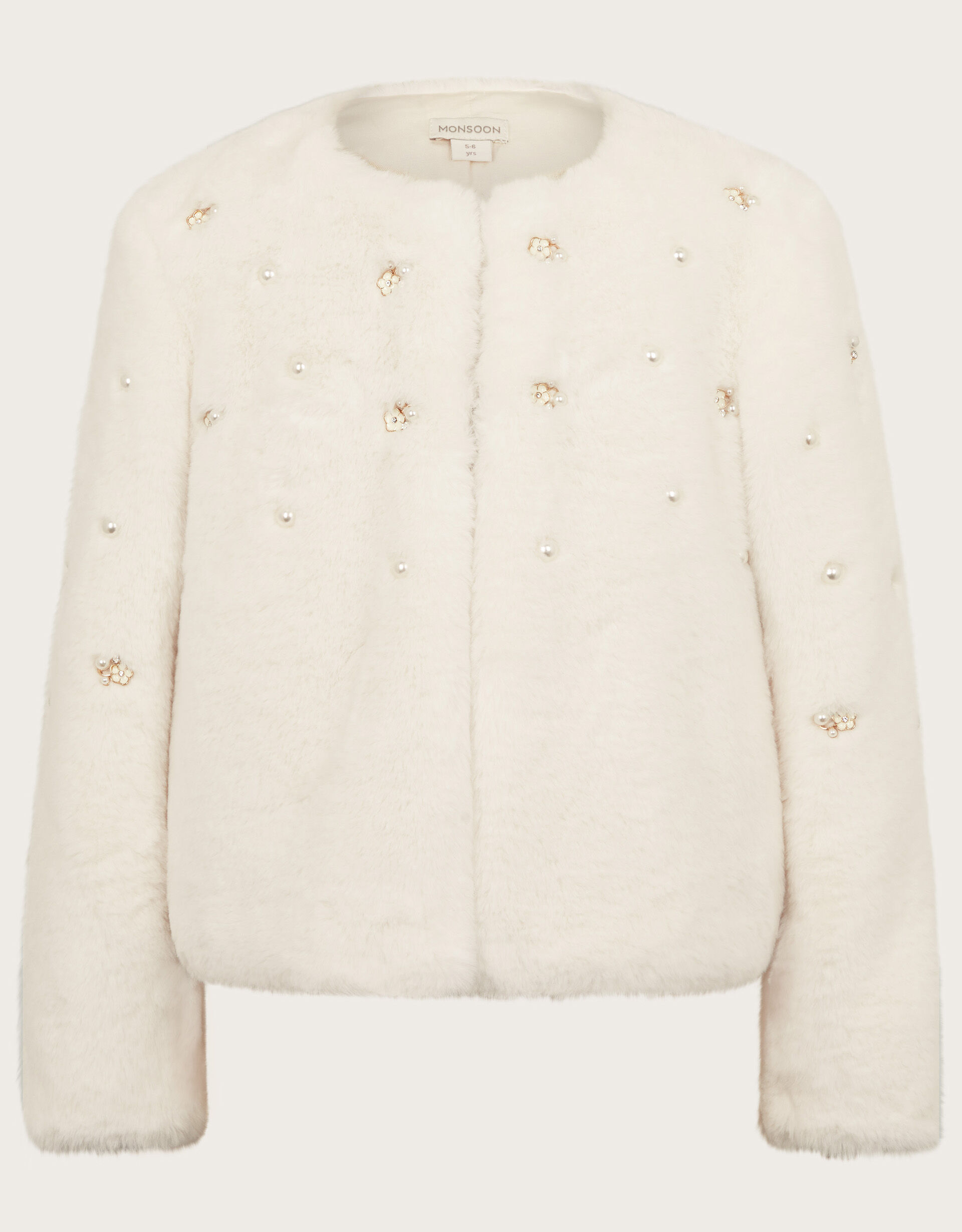 Embellished Faux Fur Coat Ivory