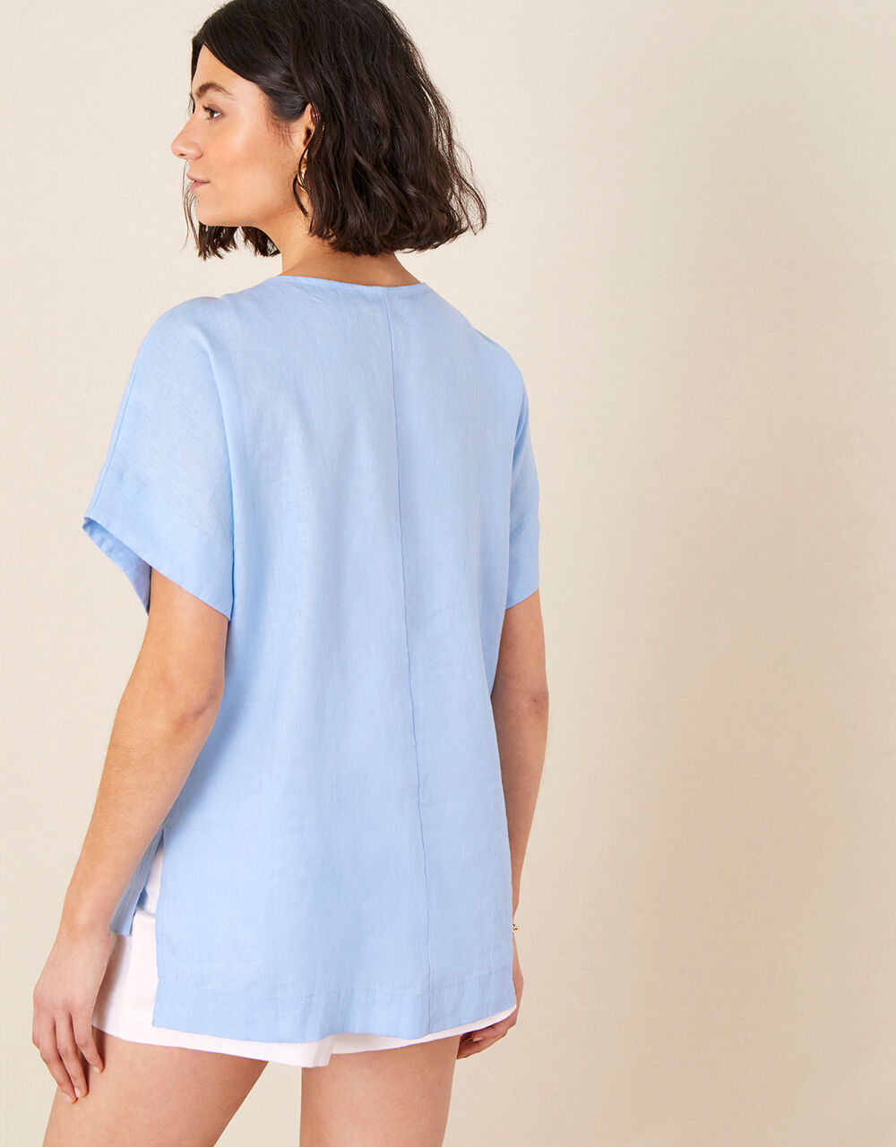 Tie Neck Top in Pure Linen Blue | Tops & T-shirts | Monsoon UK.
