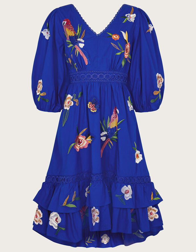 Ellie Embroidered Tiered Hem Dress Blue