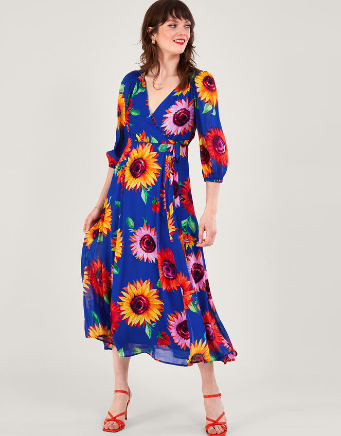 Francesca Floral Print Wrap Dress in Sustainable Viscose Blue | Evening ...