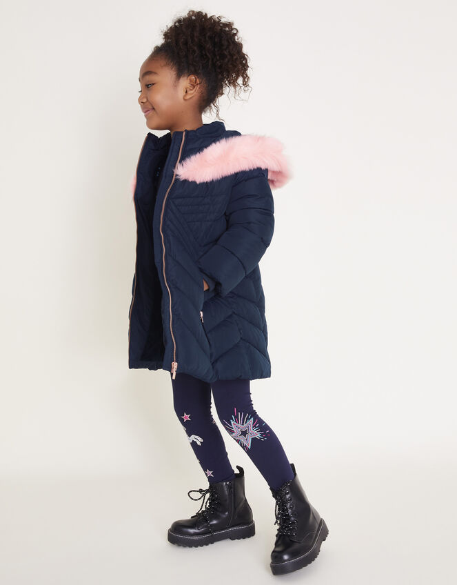 Padded Faux Fur Trim Hood Coat Blue | Girls' Coats & Jackets | Monsoon UK.