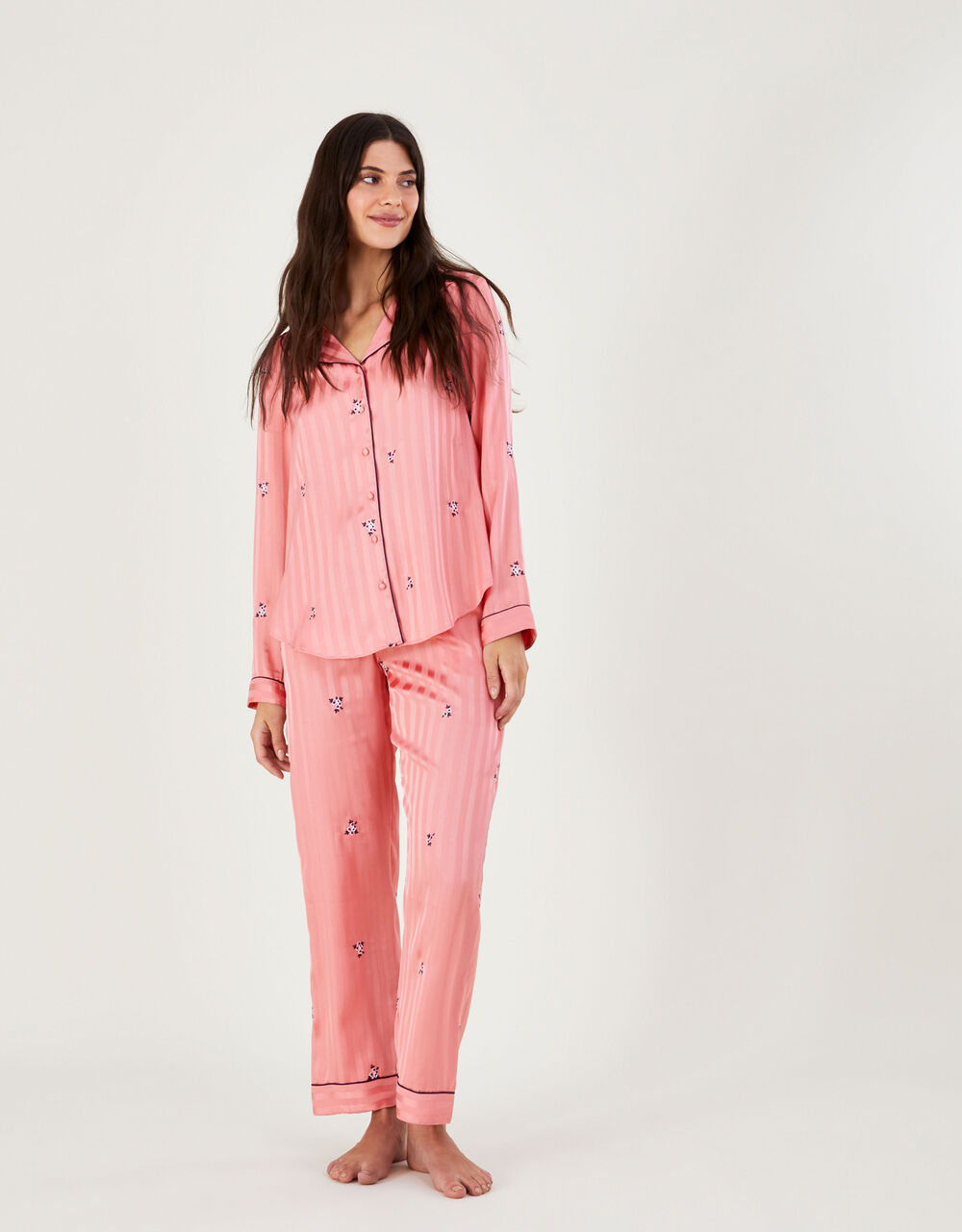 Stripe Embroidered Pyjama Set in Recycled Polyester Pink | Pyjamas ...