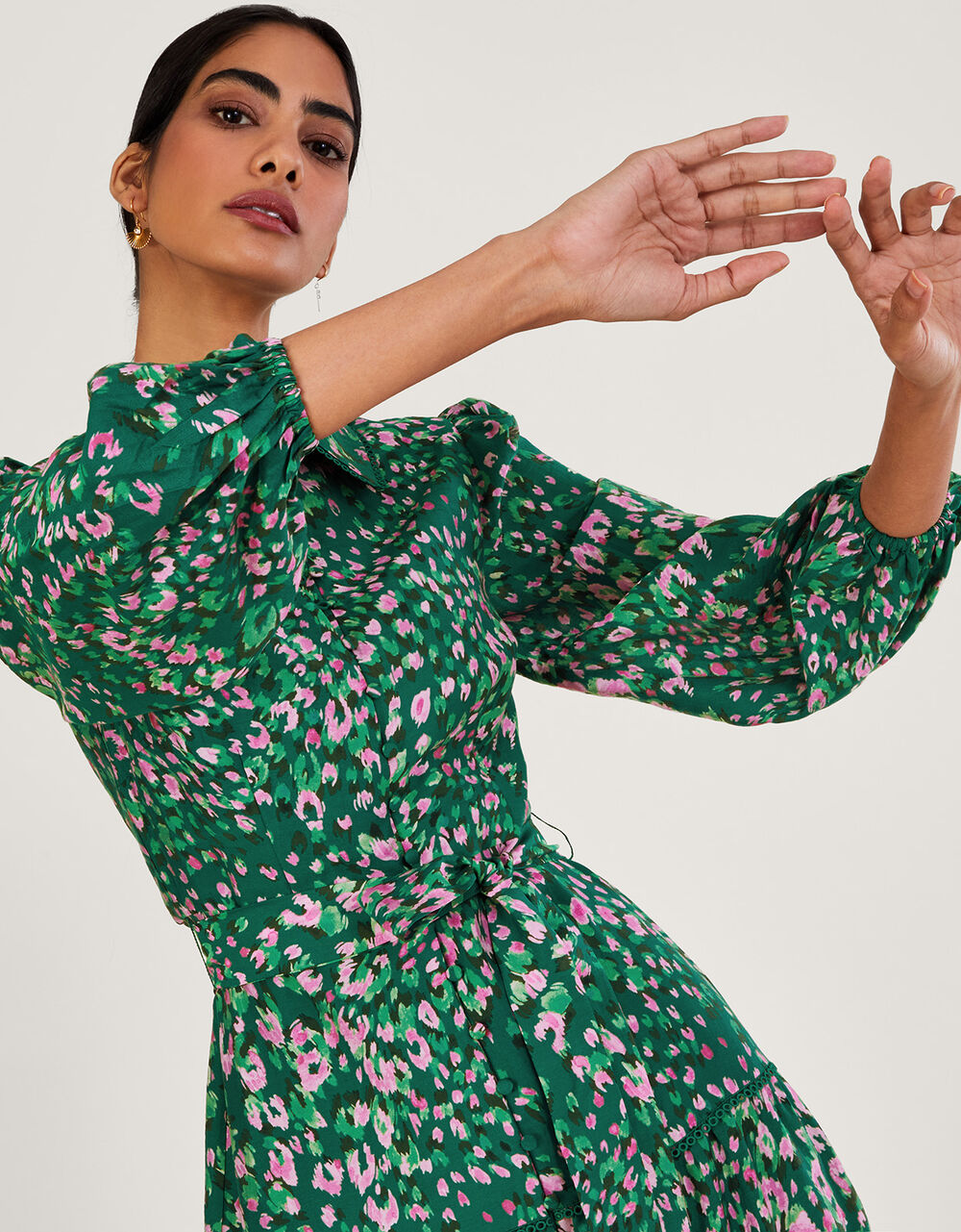 Gracelynn Feather Print Shirt Dress Green | Evening Dresses | Monsoon UK.