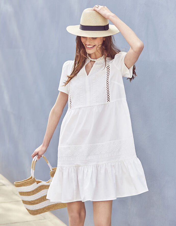 Embroidered Frill Hem Dress Ivory