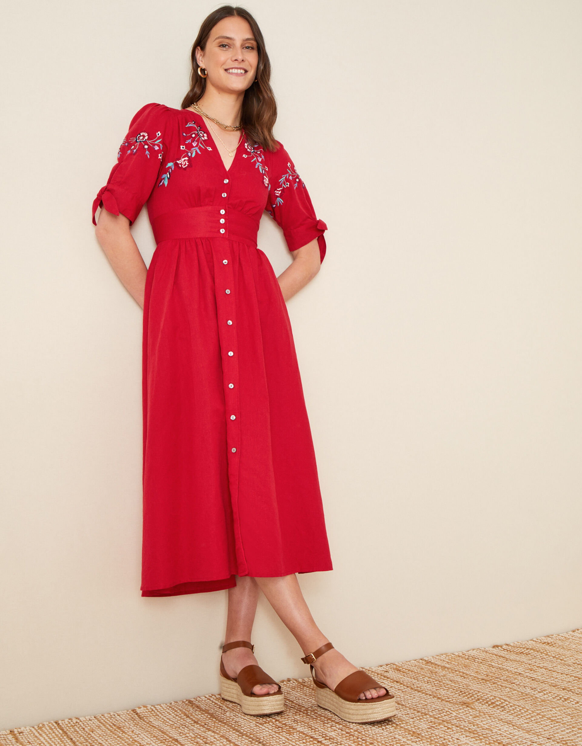 Dolly Floral Embroidered Midi Dress Red | Day Dresses | Monsoon UK.