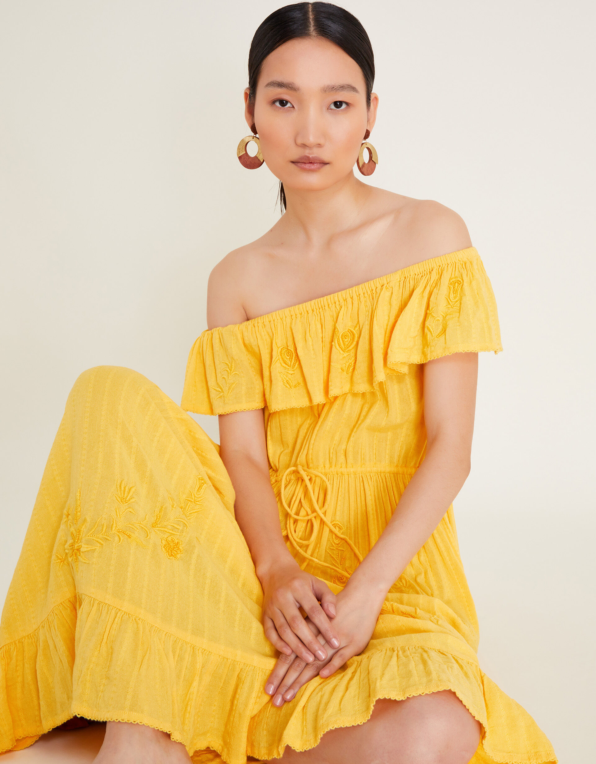 Avani Bardot Ruffle Dress Yellow | Day Dresses | Monsoon UK.