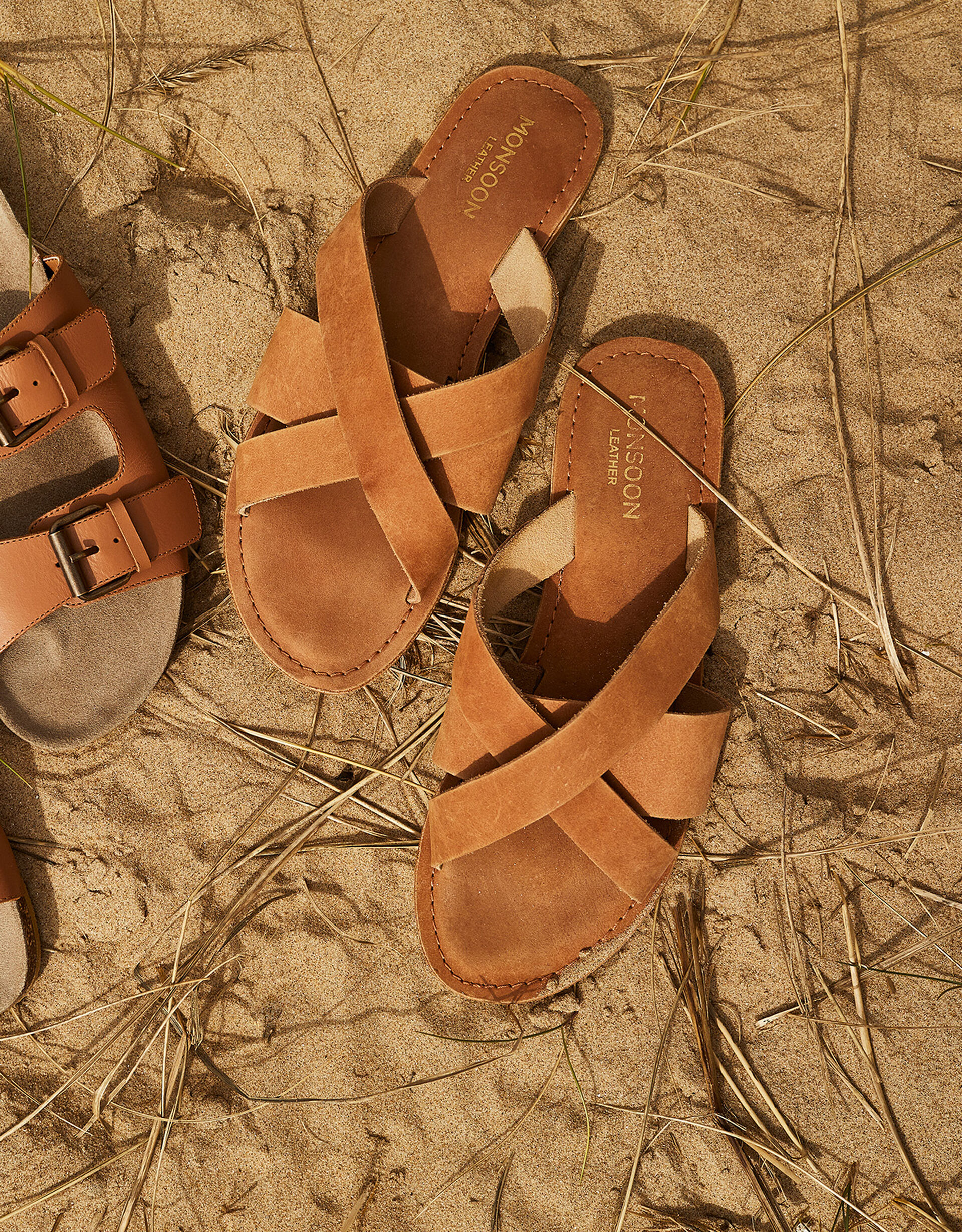 Leather Cross-Over Sliders Tan