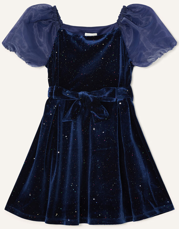 Puff Sleeve Sparkle Velvet Dress Blue | Girls' Dresses | Monsoon UK.