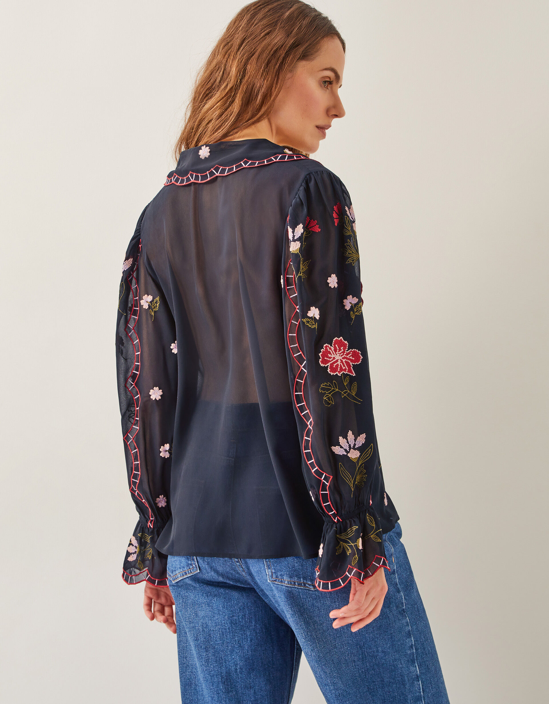 Laila Sheer Embroidered Collar Blouse Black