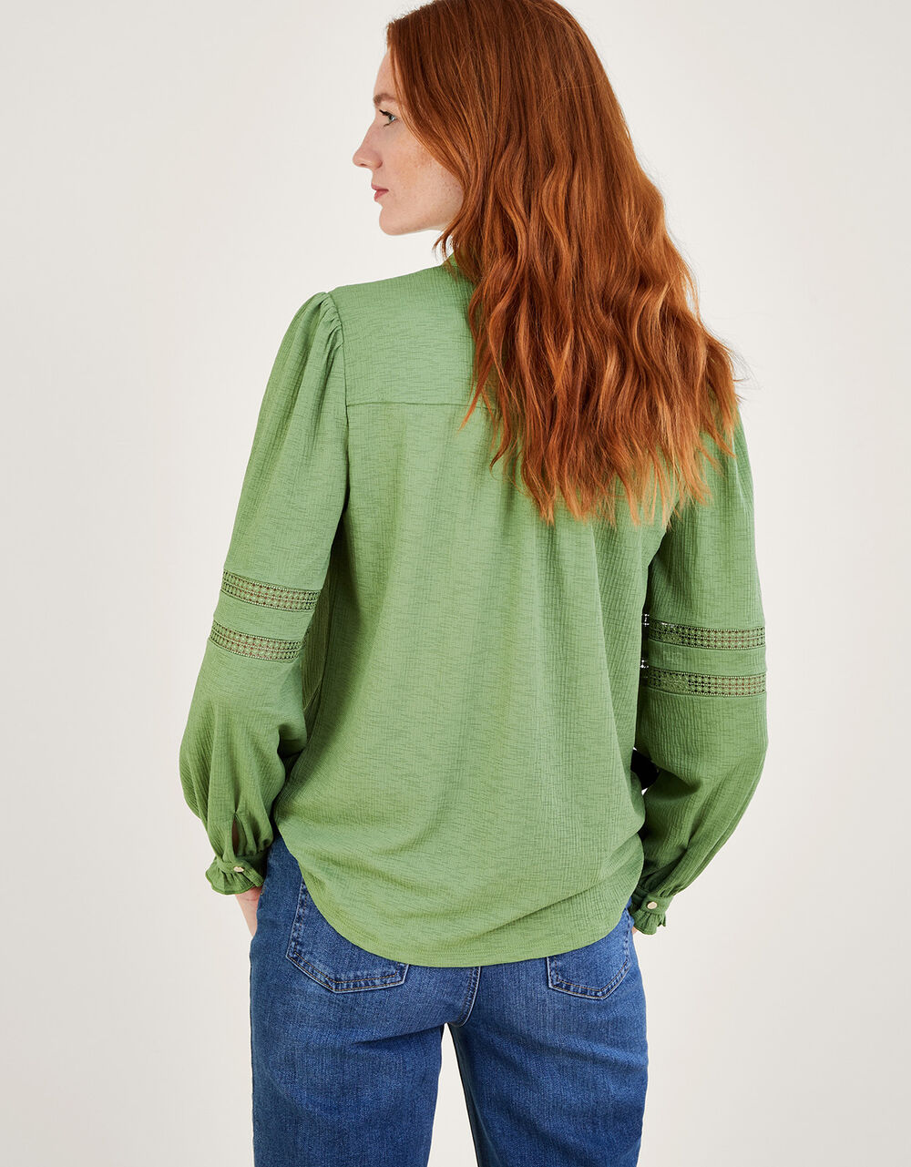 Lace Insert Button Through Jersey Shirt Green | Blouses & Shirts ...