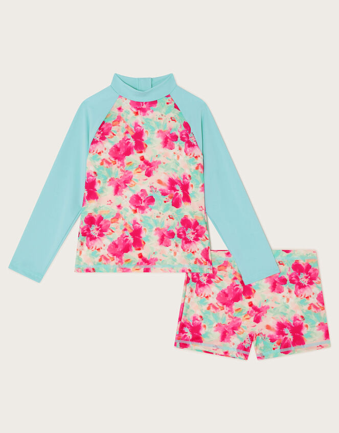 Tropical Floral Long Sleeve Swim Top and Shorts Set Blue | Girls' Beach ...