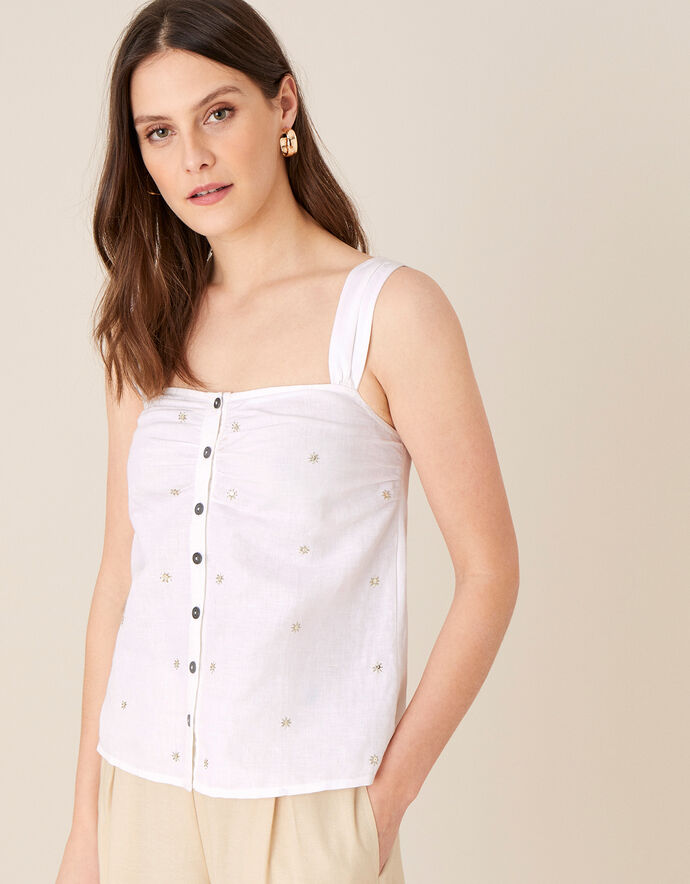 Embellished Cami in Linen Blend White
