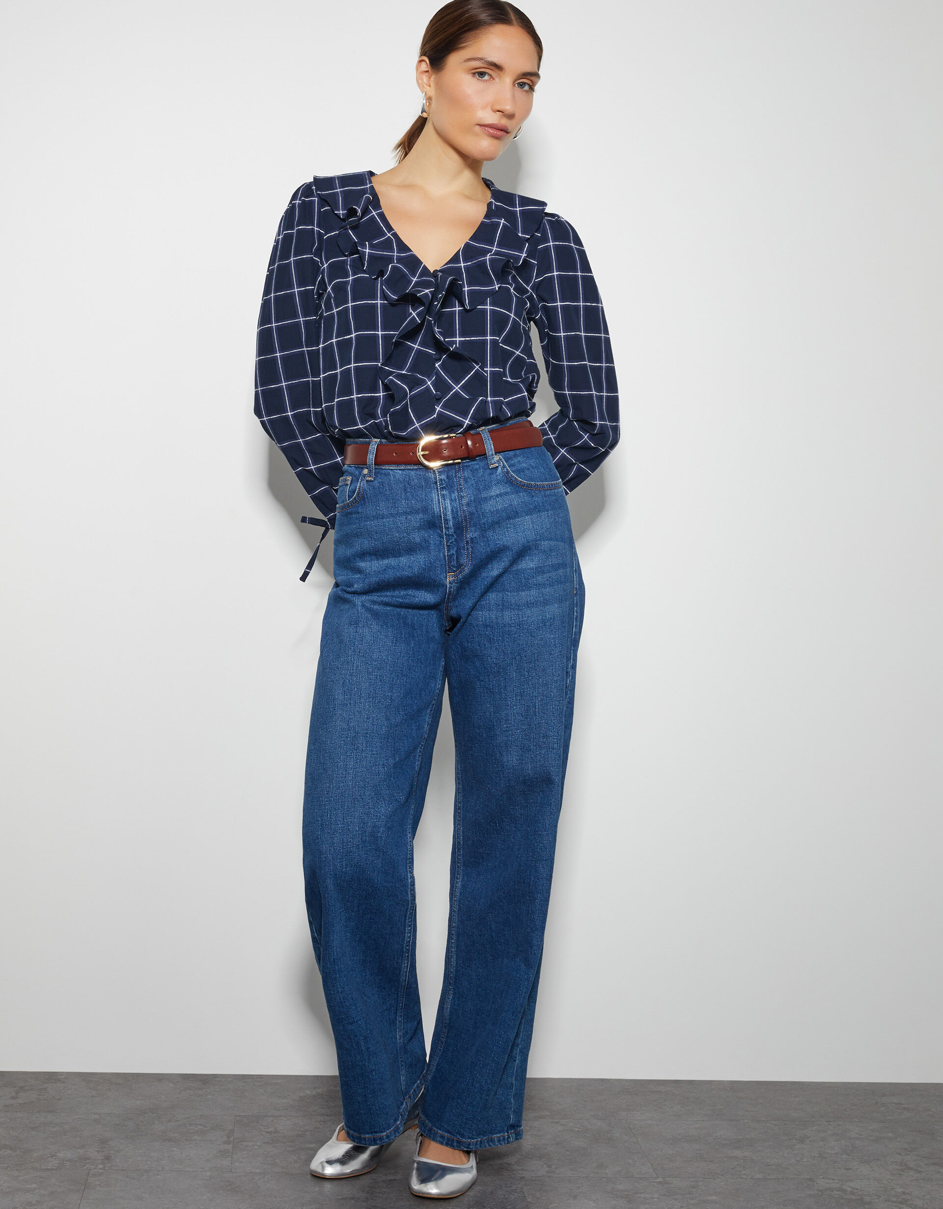 Frankie Check Print Ruffle Blouse Blue | Tops & T-shirts | Monsoon UK.
