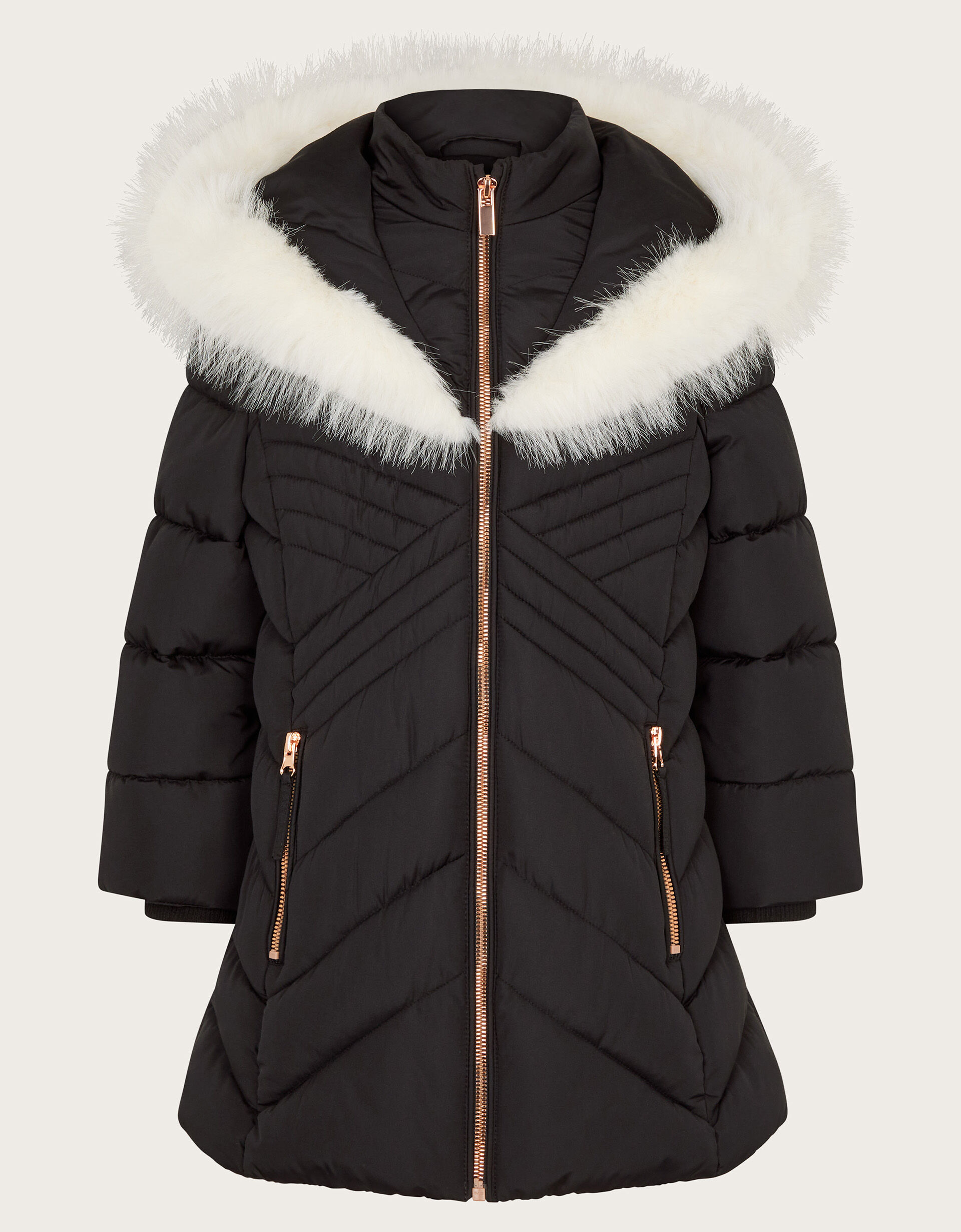 Faux Fur Trim Chevron Puffer Coat Black | Girls' Coats & Jackets ...