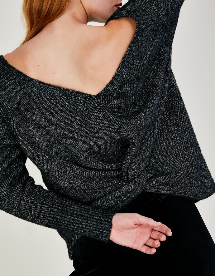 Metallic Twist V-Back Jumper Black