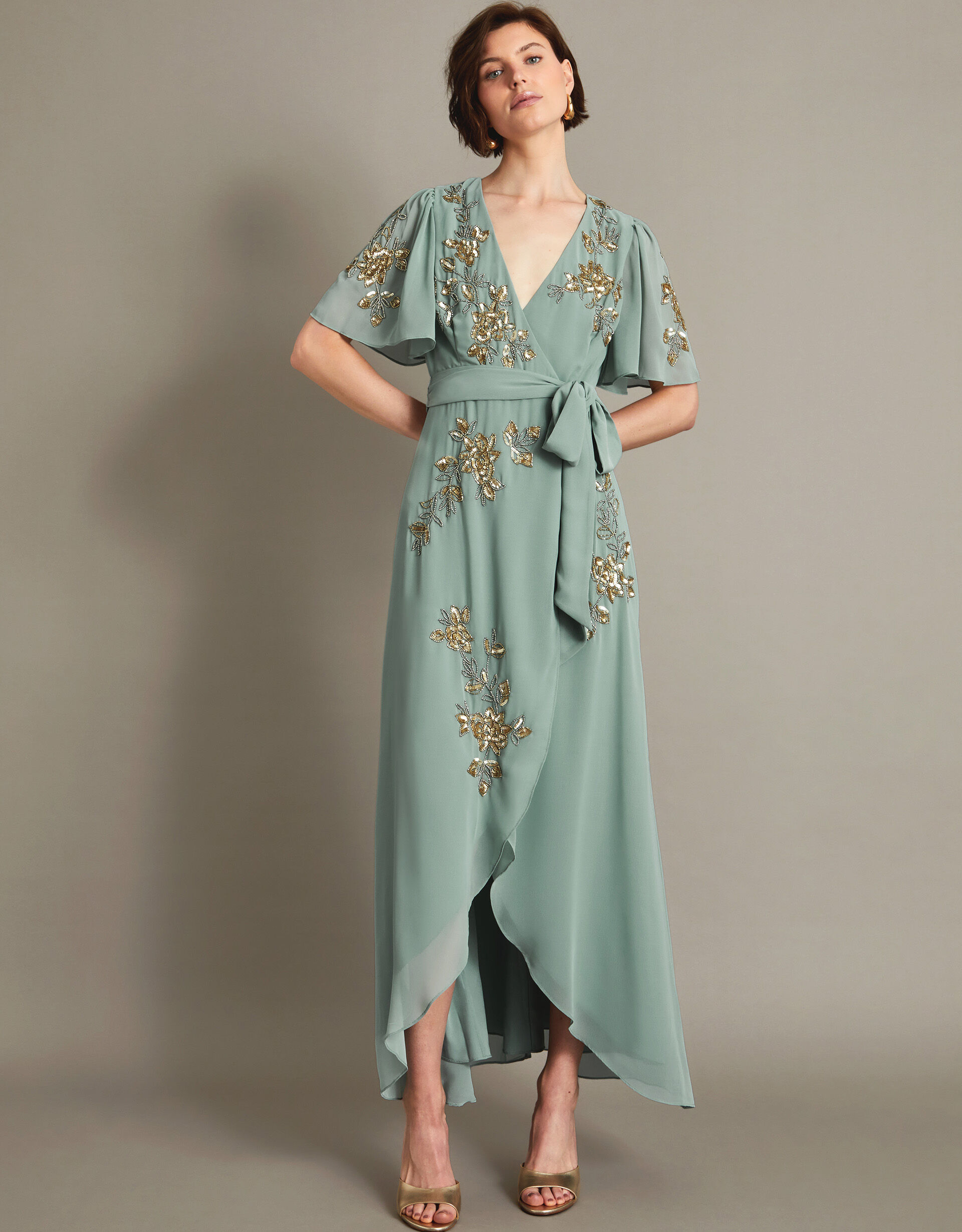 Sarah Embellished Wrap Dress Green | Evening Dresses | Monsoon UK.