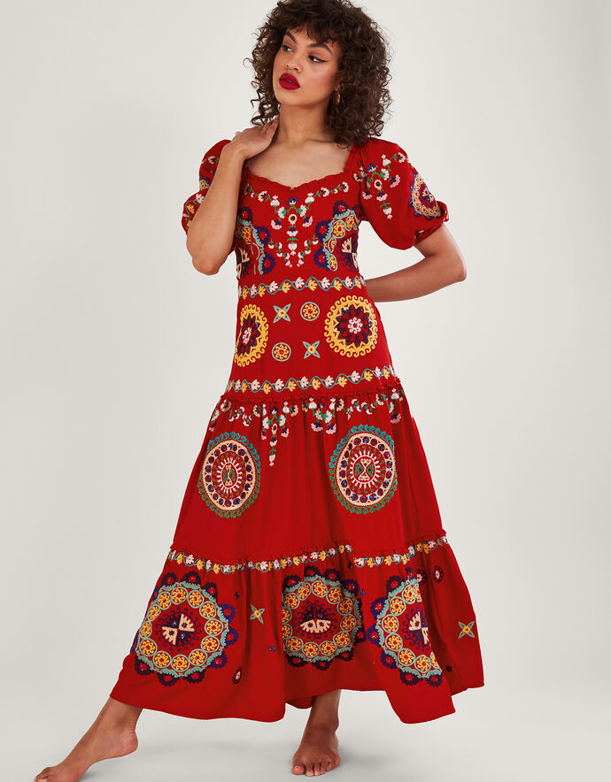 Alicia Hand-Embellished Tiered Maxi Dress Red