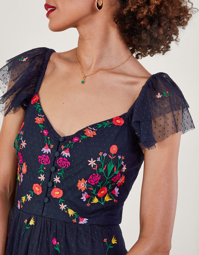 Bonnie Floral Embroidered Tea Dress Blue